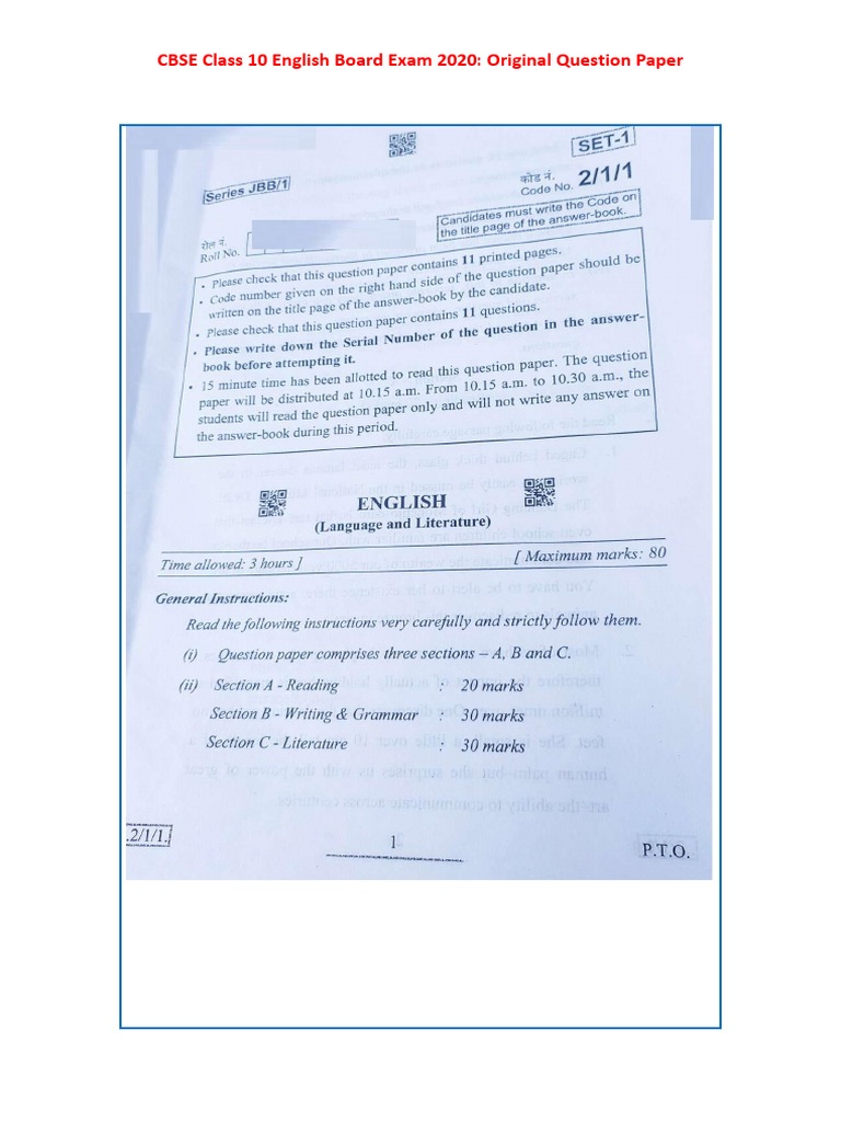 Cbse Class 10 English Language - Literature Question Paper 2020 | PDF
