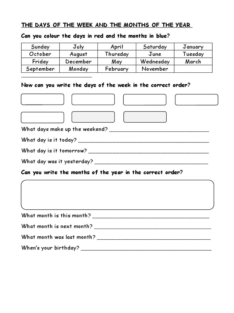 Days of The Week - and - Months - Exercise | PDF