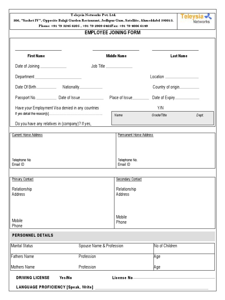 Employee Joining Form Template | PDF | Business