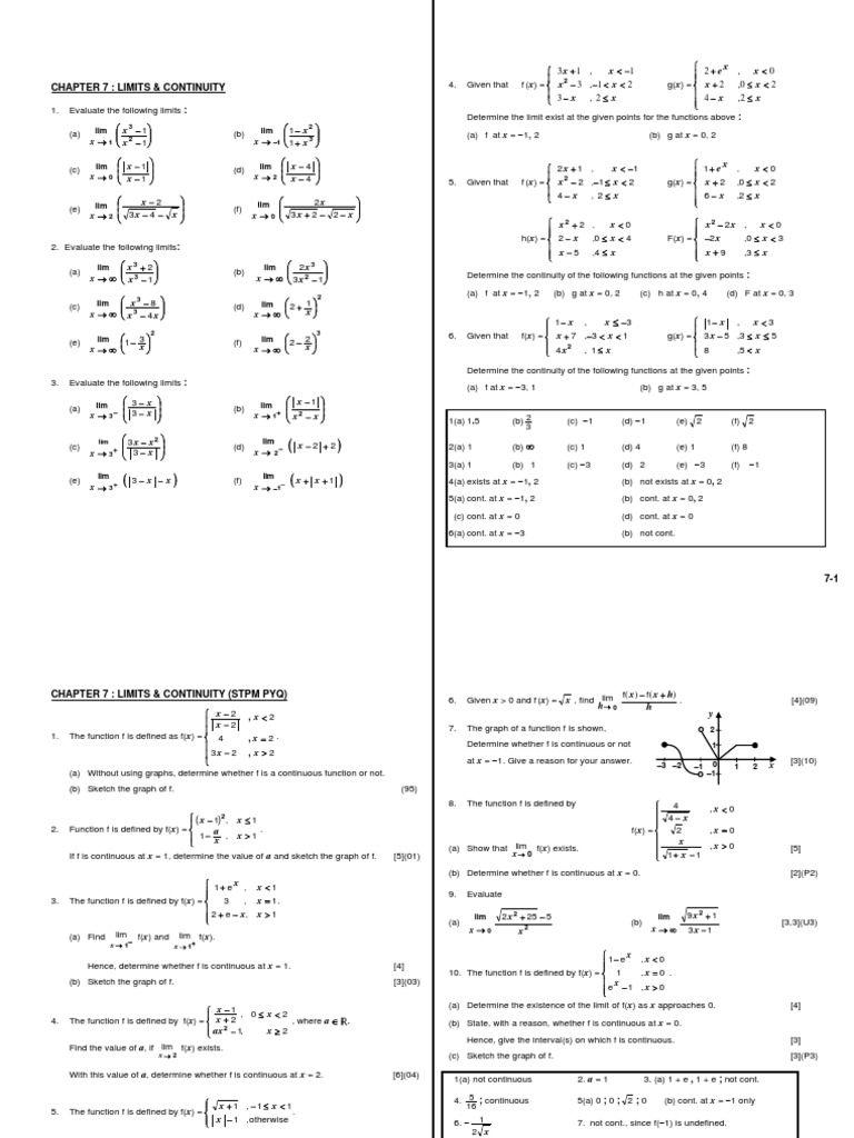 07 Limits & Continuity - Extra Exercises | PDF | Zero Of A Function | Function (Mathematics)
