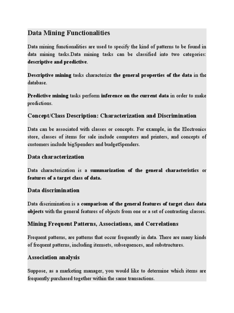 Data Mining Functionalities | PDF | Cluster Analysis | Statistical Classification