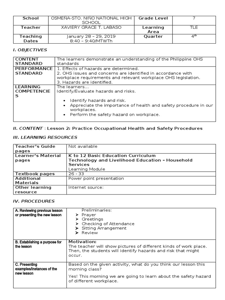 Lesson Plan TLE 7 Grading 4 | PDF | Hazards | Occupational Safety And ...