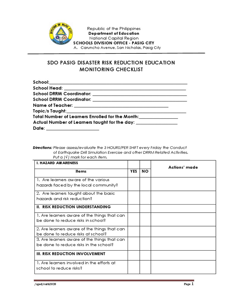 SDO Pasig DRRM Monitoring Checklist | PDF | Disaster Risk Reduction | Risk