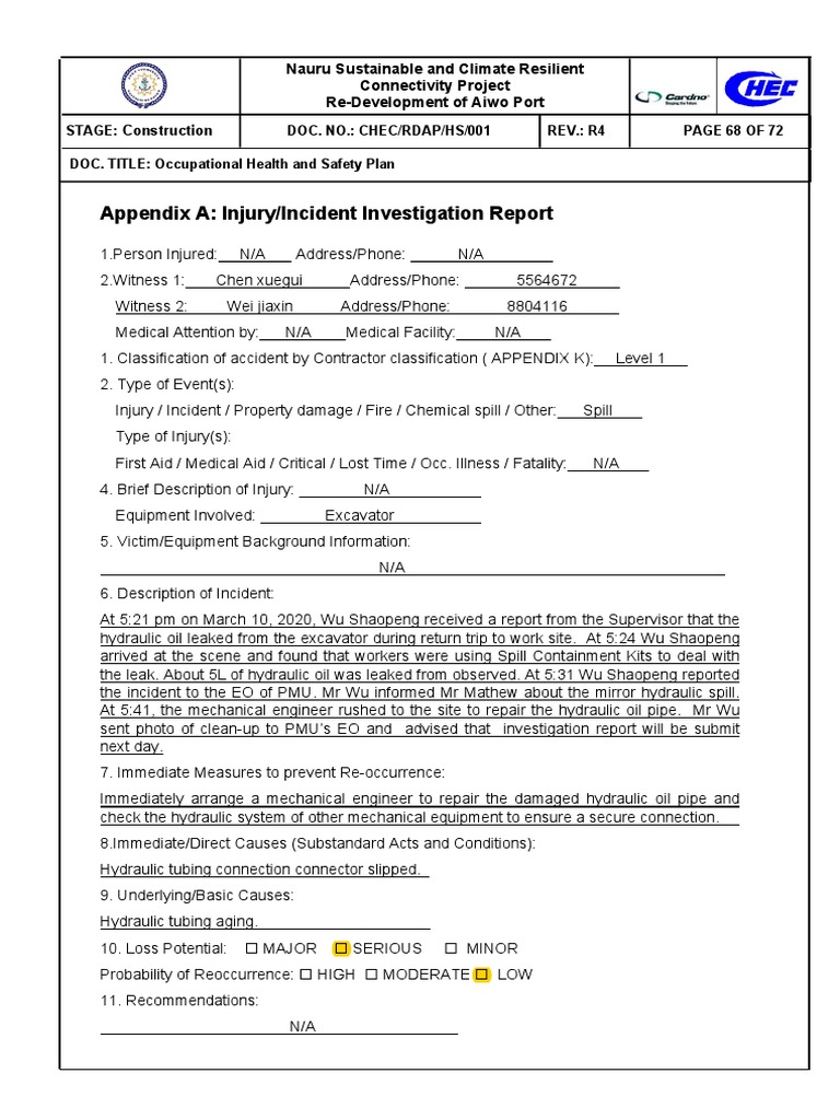 Incident Investigation Report of Hydraulic Oil Spill | PDF | First Aid ...