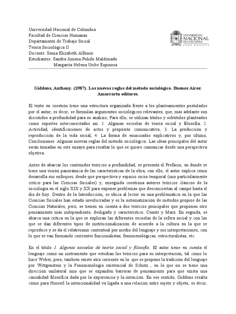 Teoría sociológica de Anthony Giddens y su análisis de las nuevas reglas del método sociológico ...