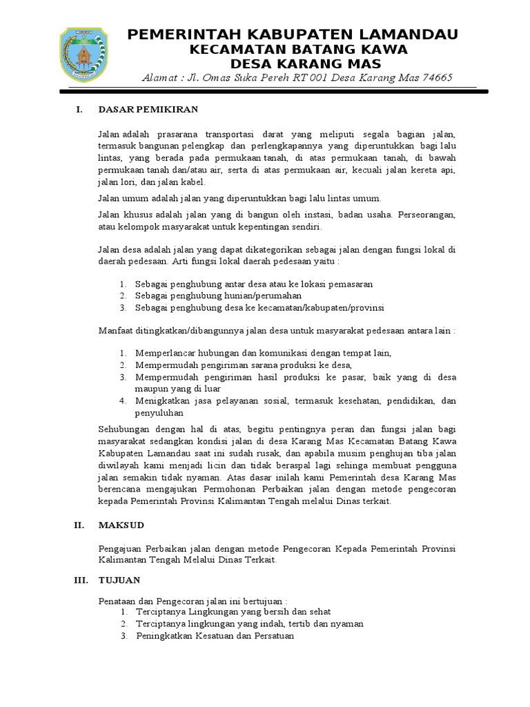 Proposal Perbaikan Jalan Desa Karang Mas | PDF