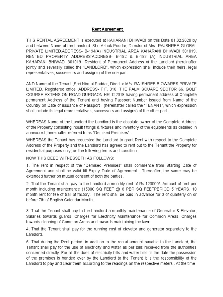 Rent Aggreement | PDF | Leasehold Estate | Landlord