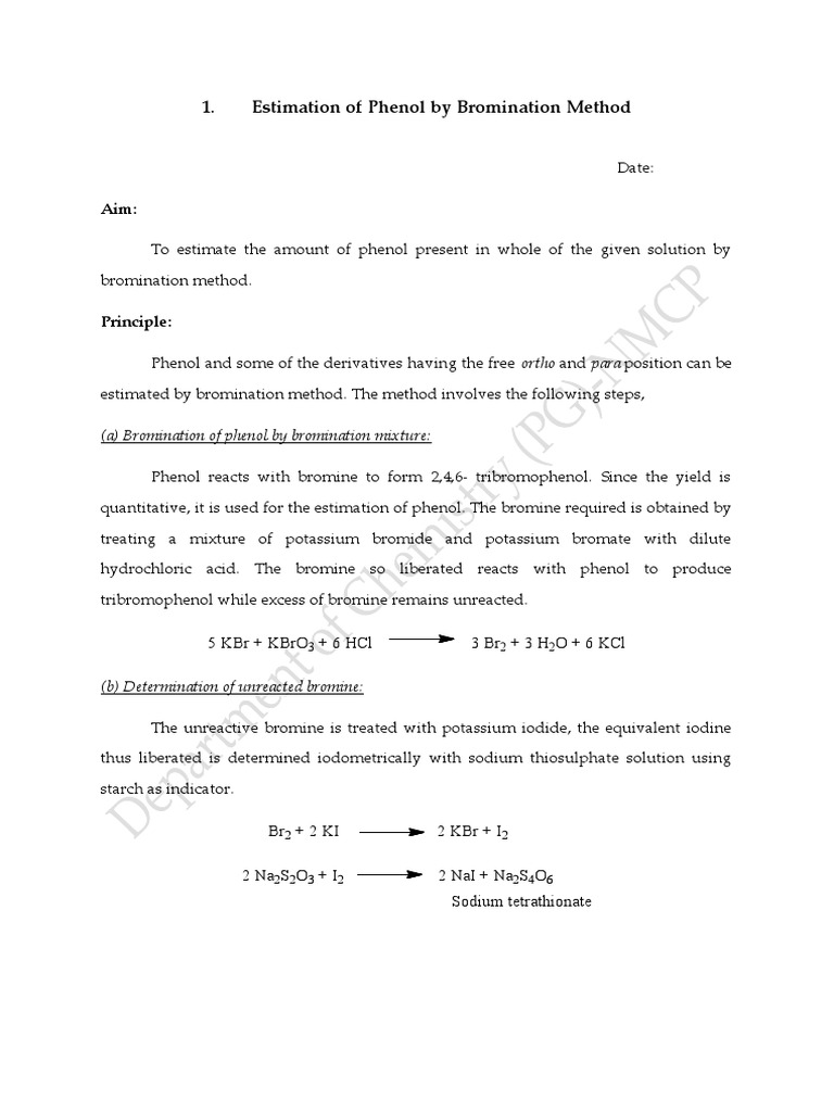 Estimation of Phenol by Bromination Method | PDF | Titration | Chemistry