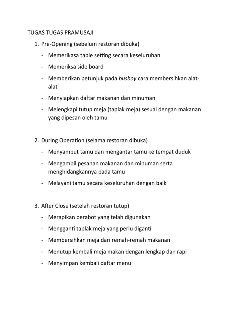 Tugas dan Peranan Pramusaji Restoran | PDF