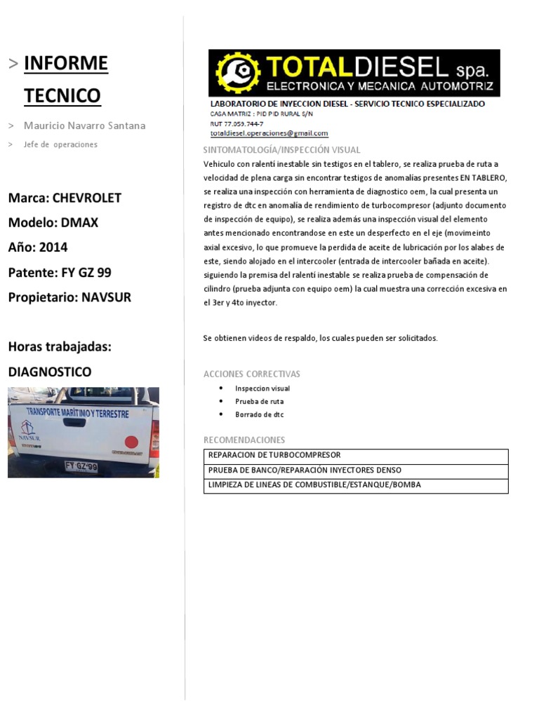 Informe Tecnico Chevrolet Dmax Inyectores Turbos Navsur PDF | PDF