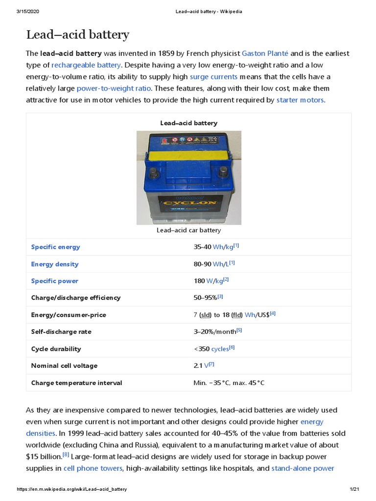 Lead-Acid Battery - Wikipedia PDF | PDF | Rechargeable Battery | Chemistry