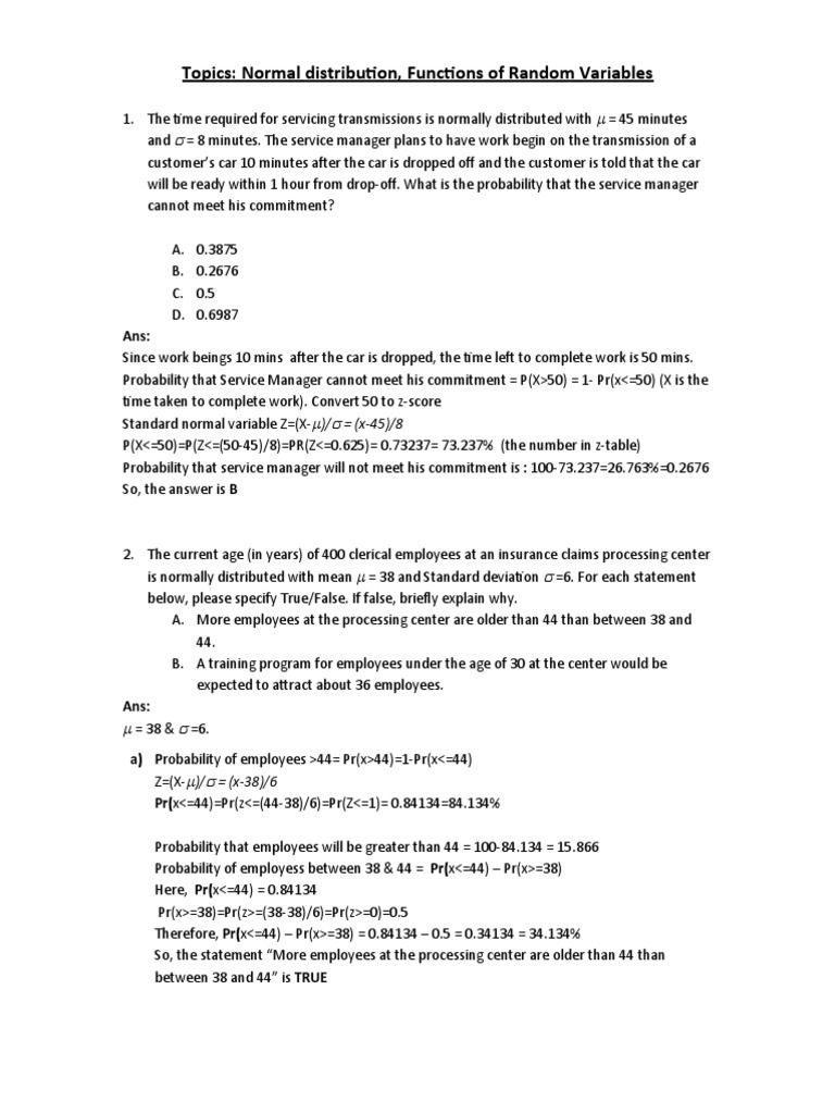 Set 2 Normal Distribution Functions Of Random Variables Pdf