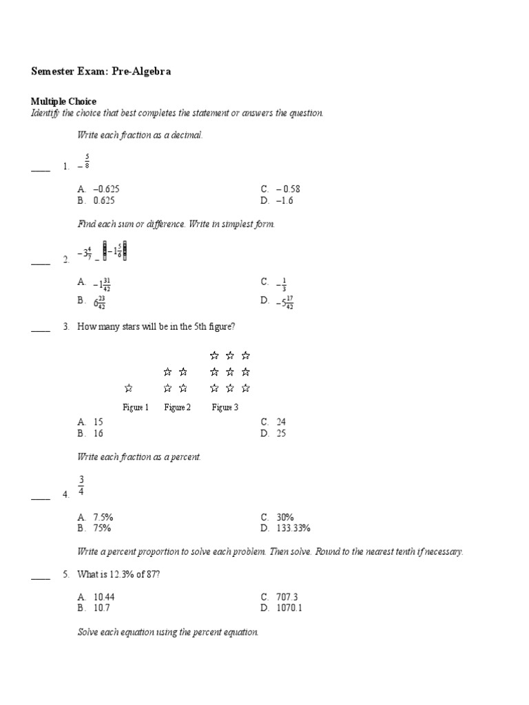 Pre-Algebra Semester Exam Guide | PDF | Inequality (Mathematics ...