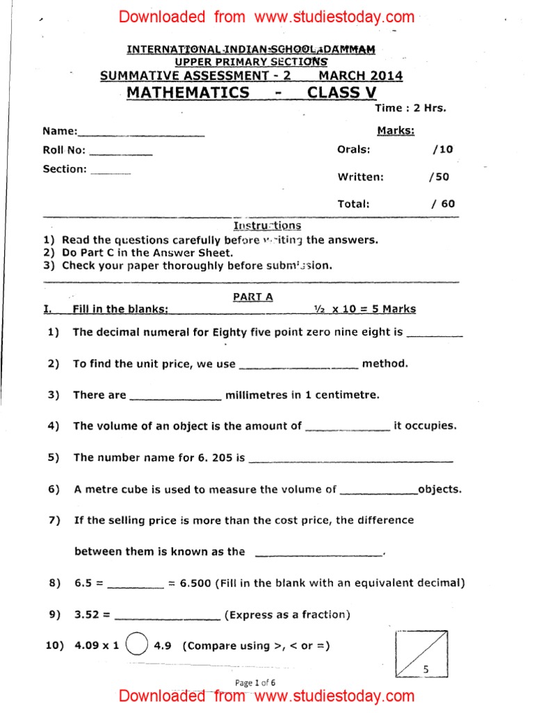 CBSE Class 5 Maths Question Paper SA2 2014 | PDF