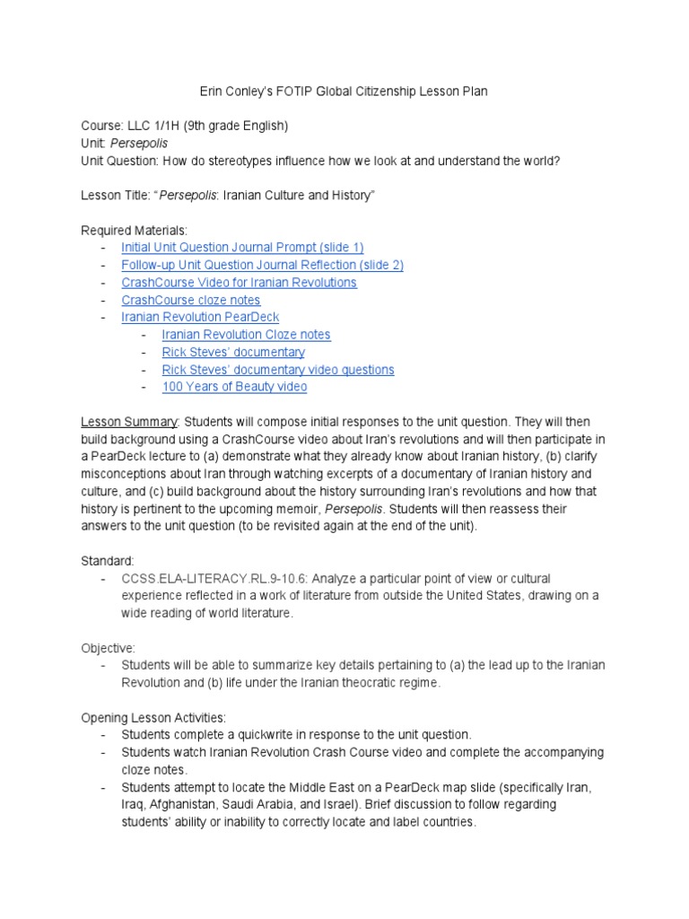 Global Citizenship Lesson Plan 1 | PDF | Iranian Revolution | Iran