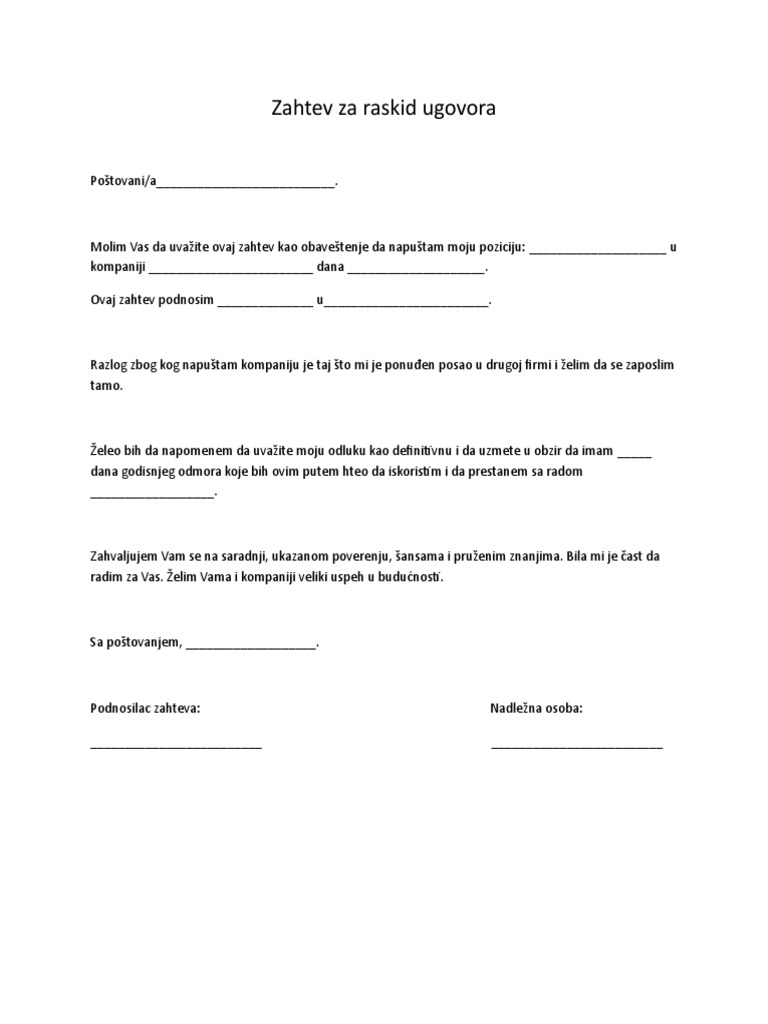 Zahtev Za Raskid Ugovora o Radu | PDF