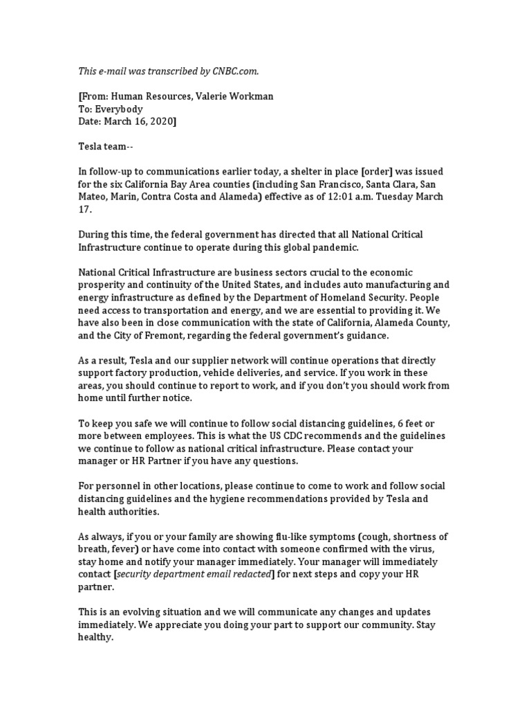 Tesla HR Email On Covid19 March16, 2020 | PDF | Career & Growth | Politics