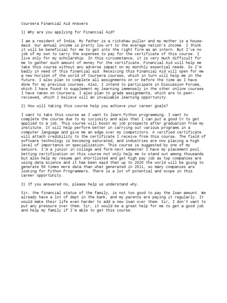Coursera Financial Aid Form Answers | PDF | Learning | Computing And ...