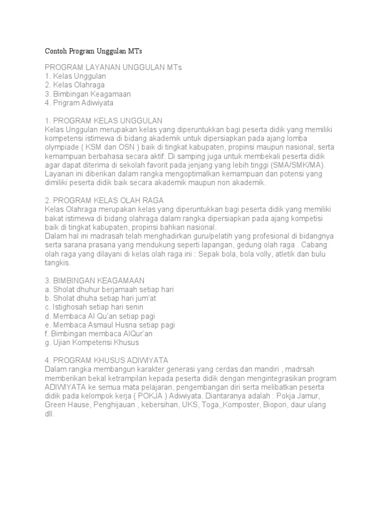 Contoh Program Unggulan MTs | PDF