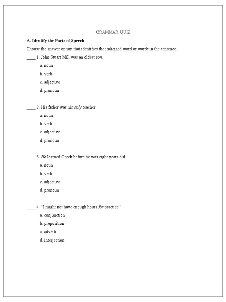 Grammar Quiz | PDF | Clause | Adjective