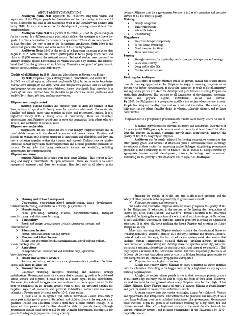 AmBisyon Natin 2040: Filipino Vision | PDF | Literacy | Philippines