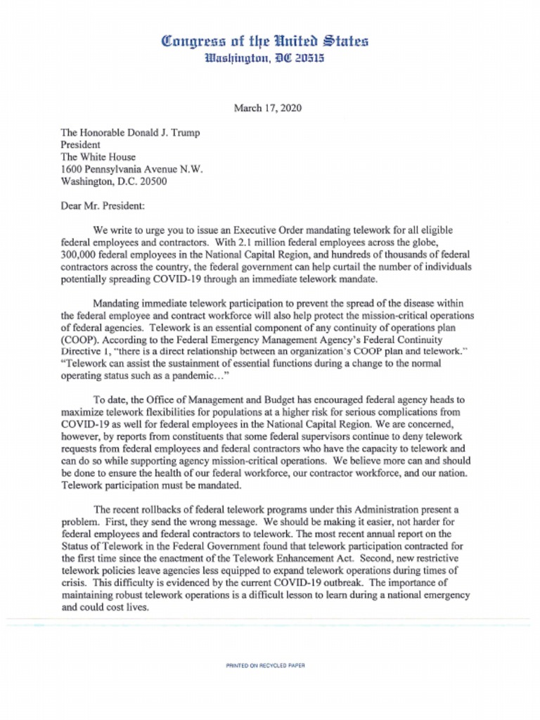 House Letter Demanding Telework Executive Order