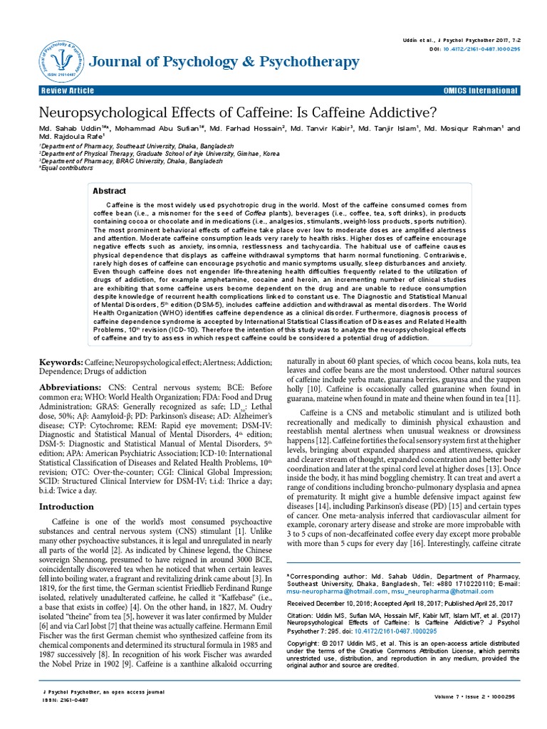 Neuropsychological Effects of Caffeine Is Caffeine Addictive 2161 0487 ...