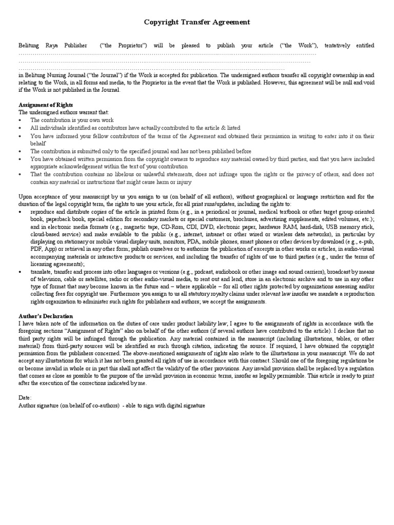 Copyright Transfer Agreement: Document Outlining the Transfer of ...