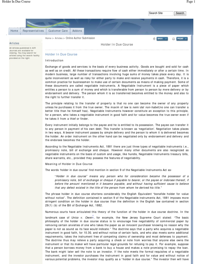 Holder In Due Course Explained | PDF | Negotiable Instrument ...