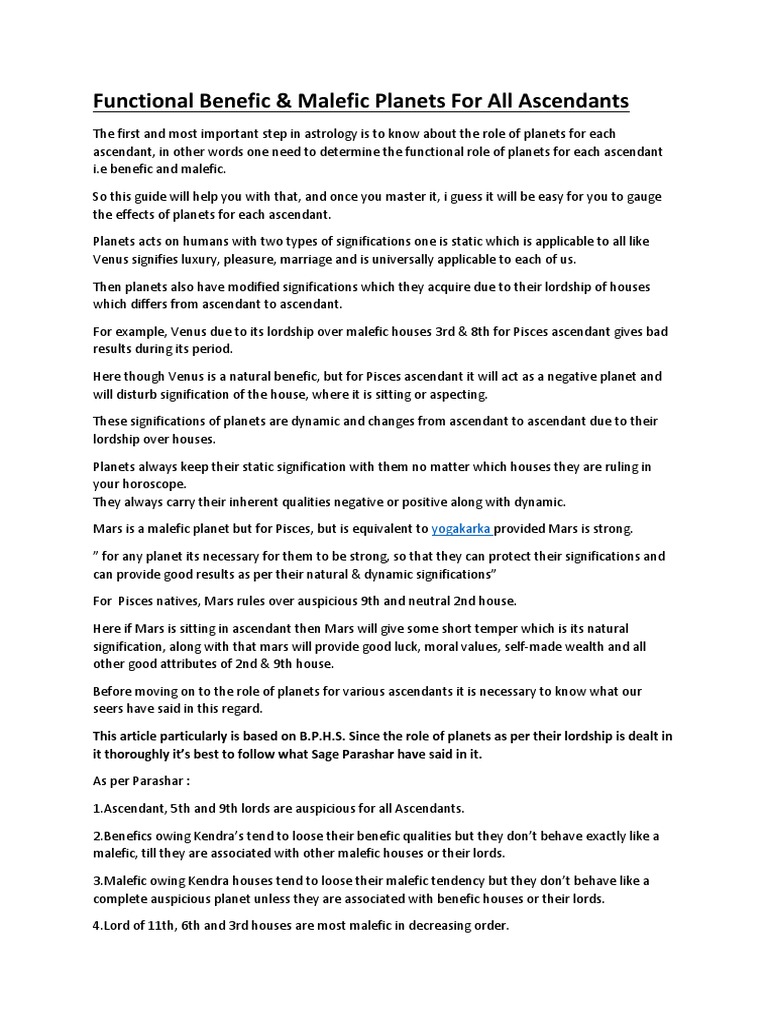 Functional Benefic & Malefic Planets For All Ascendants PDF | PDF ...