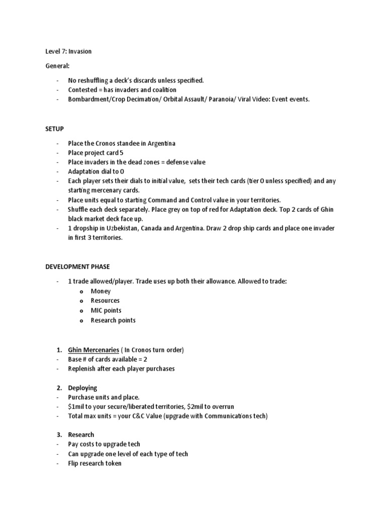 Level 7 Invasion Turn Summary - Reference Sheet | PDF | Military | Violence