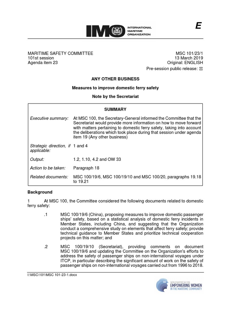 MSC 101-23-1 - Measures To Improve Domestic Ferry Safety (Secretariat ...
