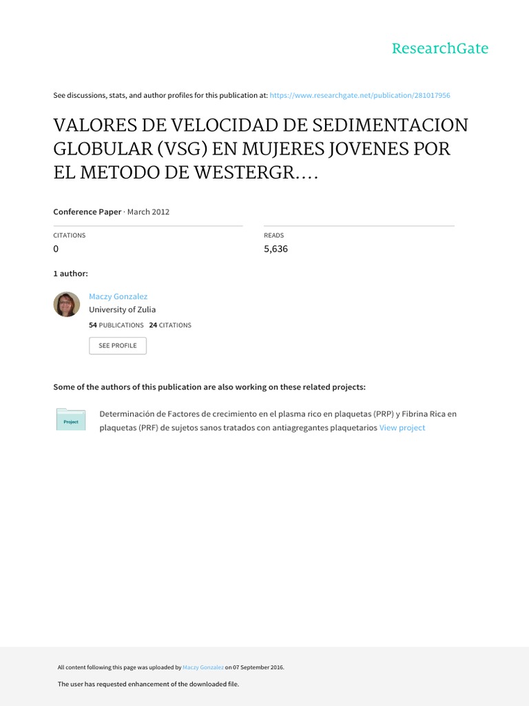 2012.valores de VSG Por El Metodo de Westergren Con Dispette Diluido y ...