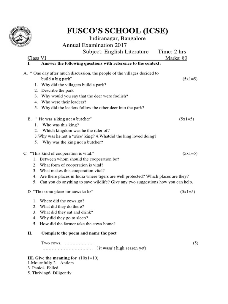 ICSE Class 6 English Literature Model Question Paper Annual Exam PDF | PDF