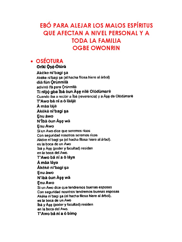 Ebbó para Alejar Los Malos Espíritus Personales y de La Familia-Ogbe ...