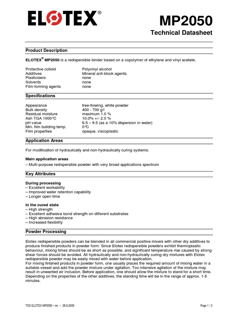 Elotex mp2050 - Tds 1 | PDF | Polyvinyl Chloride | Packaging And Labeling
