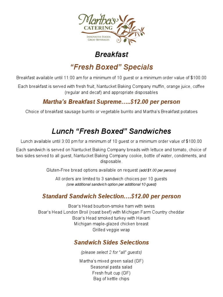 Martha's Catering Special Menu | PDF | Salad | Foods