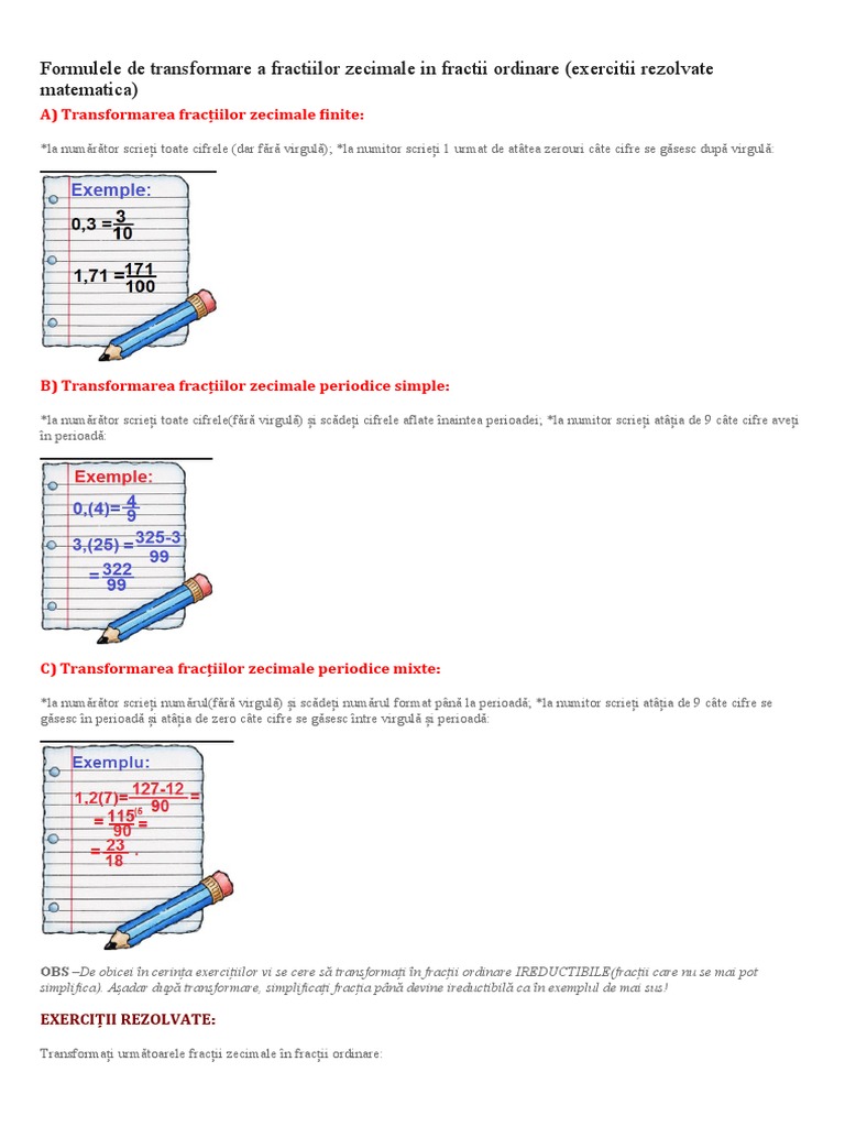 Formulele de Transformare A Fractiilor Zecimale in Fractii Ordinare | PDF