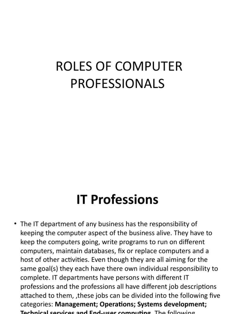 Roles of Computer Professionals | PDF | Databases | Computer Network