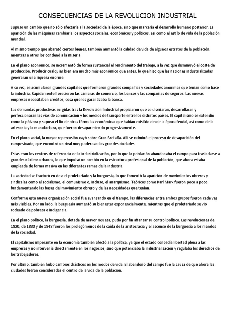 Consecuencias de La Revolucion Industrial | PDF | Revolución industrial | Industrialización