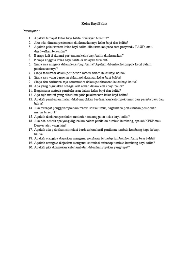 Checklist Kelas Bayi Balita | PDF