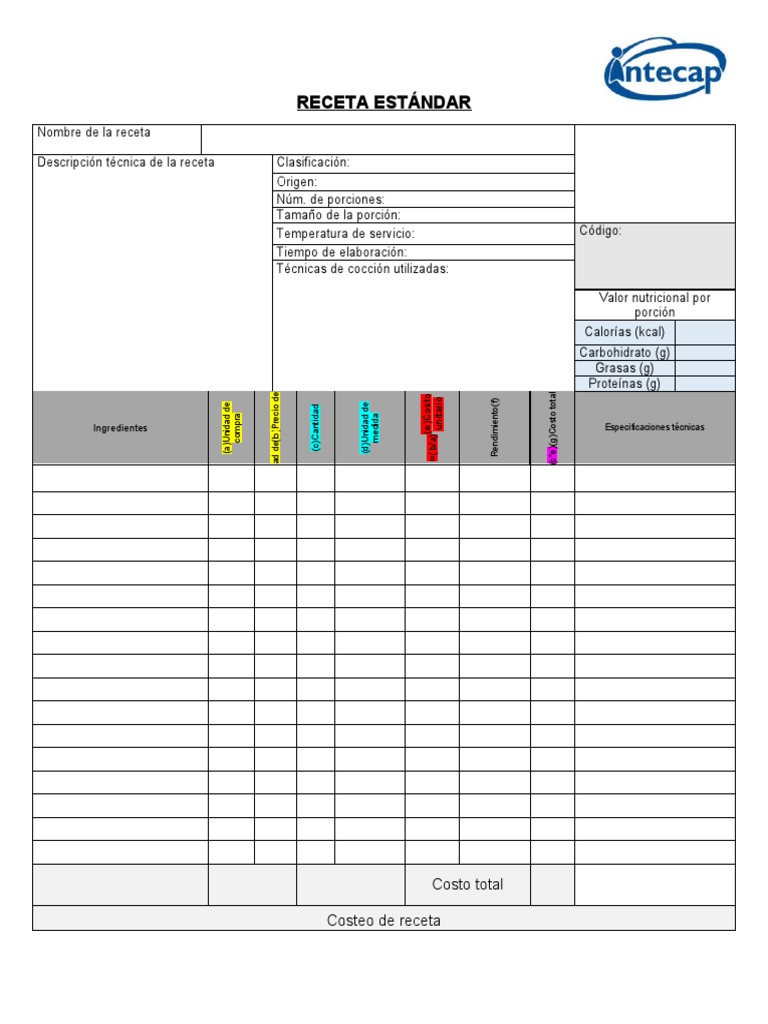 Formato Receta Estandar en Blanco | PDF | Comida y bebida | Naturaleza