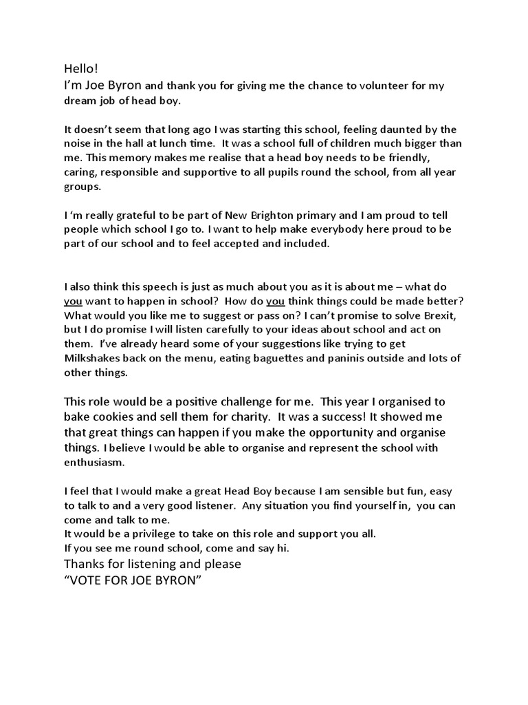 JOe Head Boy Speech | PDF