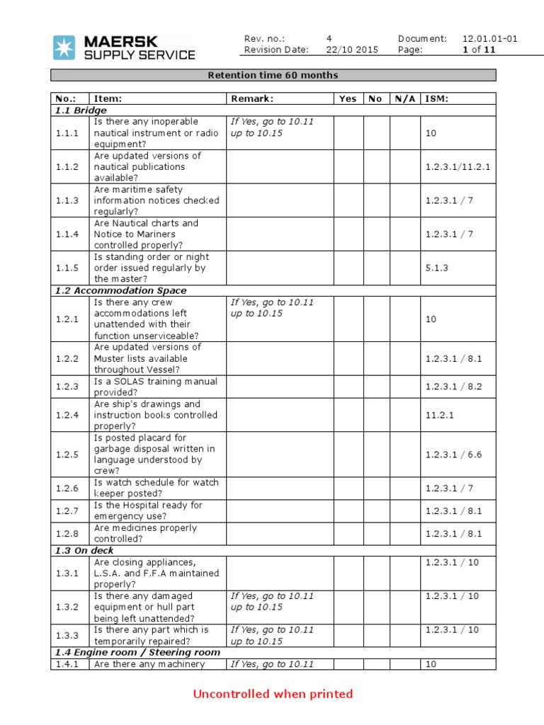 Internal ISM Audit Checklist | PDF | Oil Tanker | Emergency