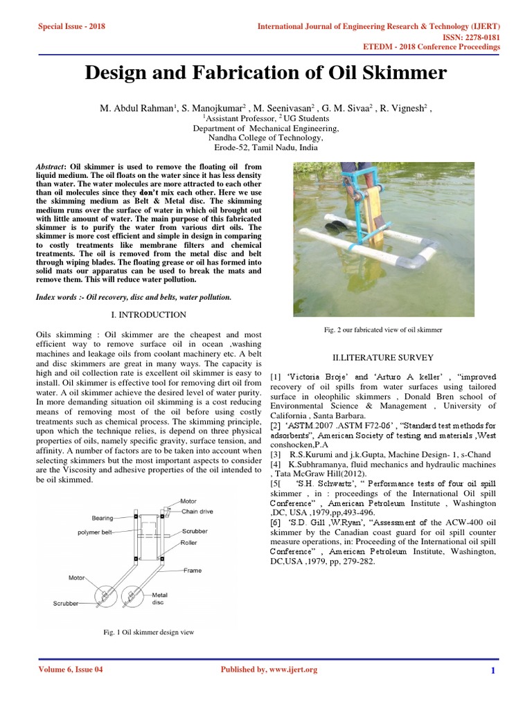 Design and Fabrication of Oil Skimmer IJERTCONV6IS04004 PDF | PDF ...