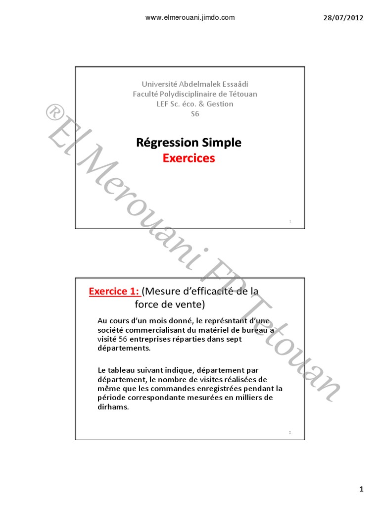 Exercices Régression Simple PDF | PDF | Régression linéaire ...