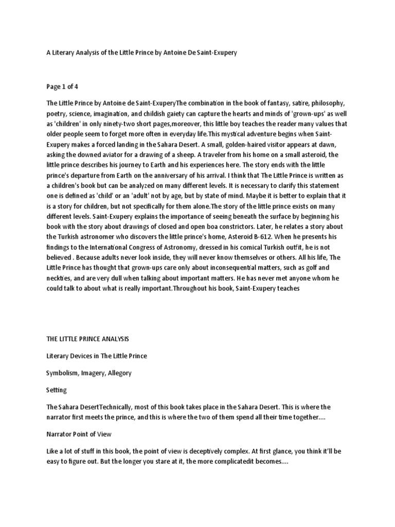 A Literary Analysis of The Little Prince by Antoine de Saint | PDF ...