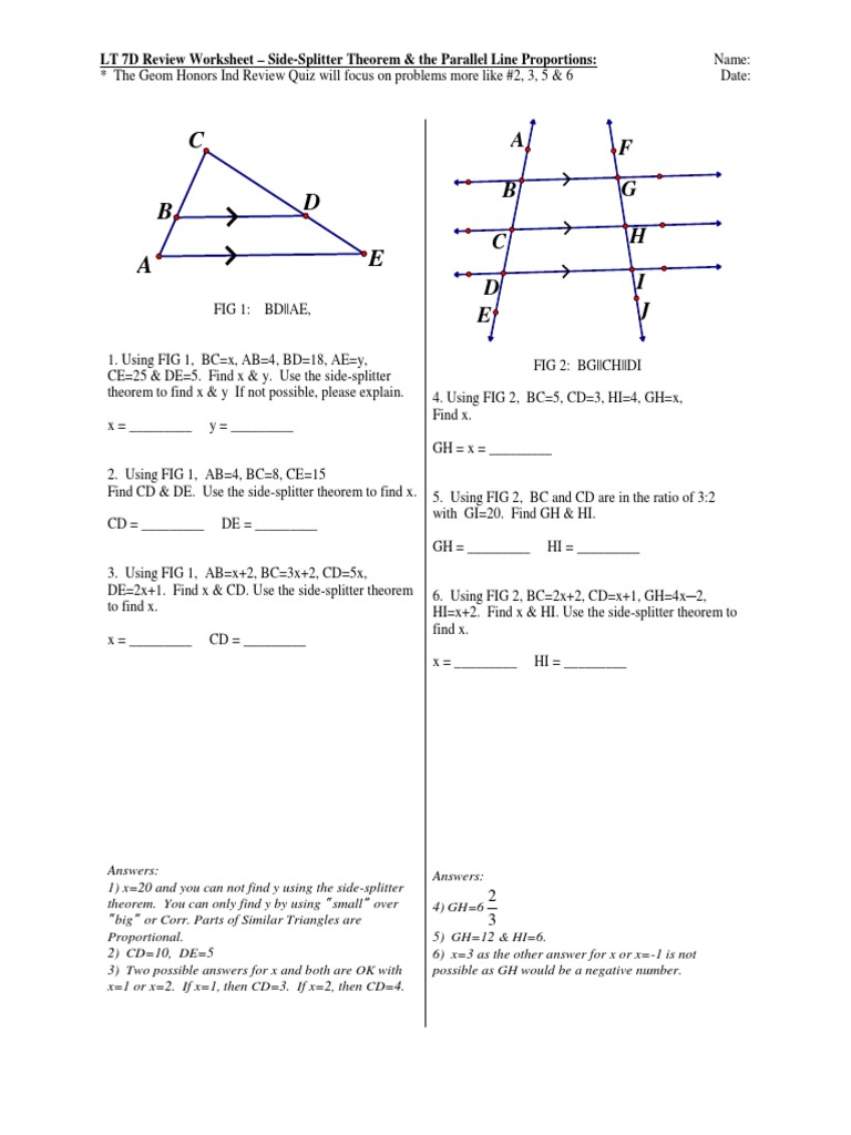 LT 7D Review Worksheet - Side Splitter THM and Parallel Line ...