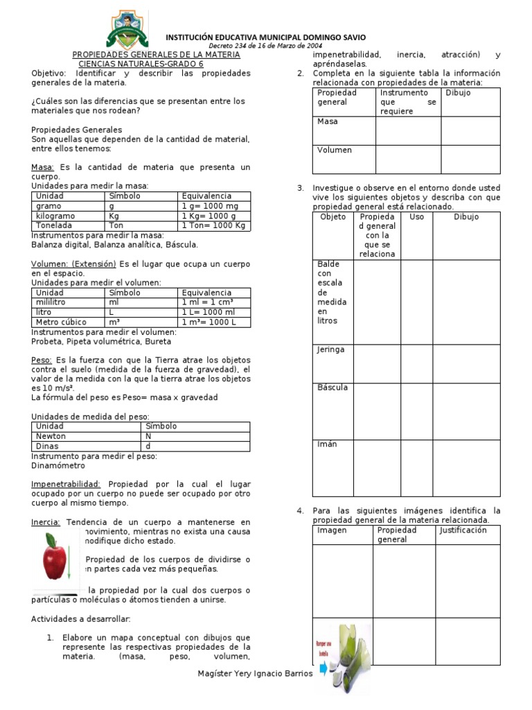 PROPIEDADES GENERALES DE LA MATERIA-Taller | PDF | Peso | Masa