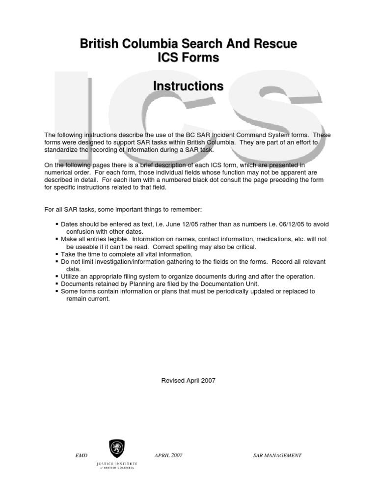 Ics Forms Instructions | PDF | Incident Command System | Search And Rescue